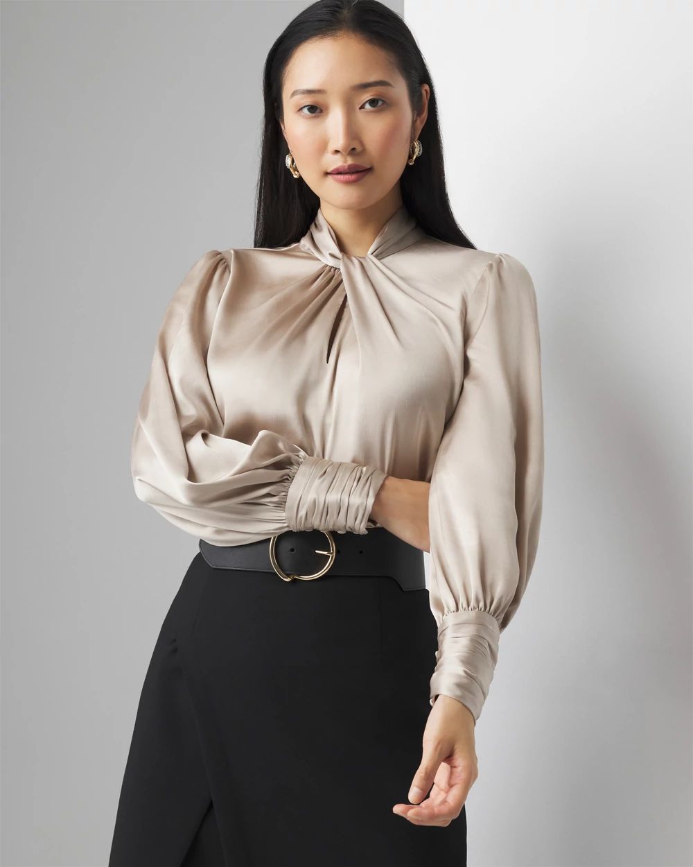 Long Sleeve Twisted Neck Satin Blouse | White House Black Market
